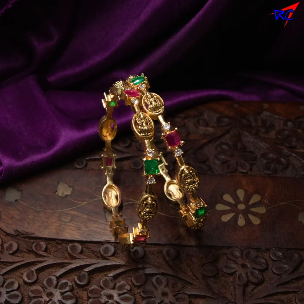 Antique Finish Thin Lakshmi with Ruby Stone Bangles | RC Akshaya